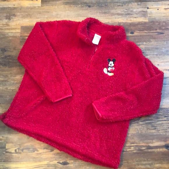 Disney | Tops | Disney L Mickey Mouse Red Fuzzy Half Zip Fleece | Poshmark